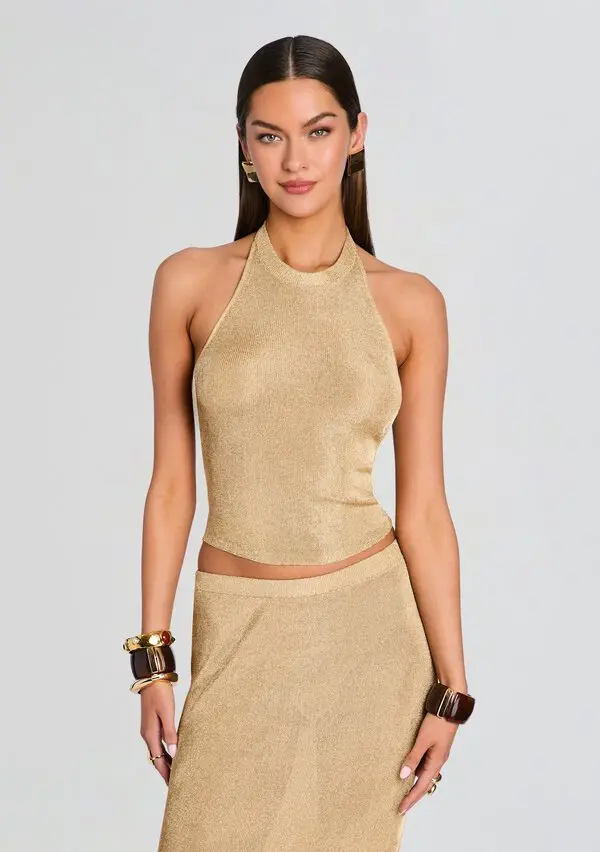SEROYA Metallic Knit Halter Top - Gold