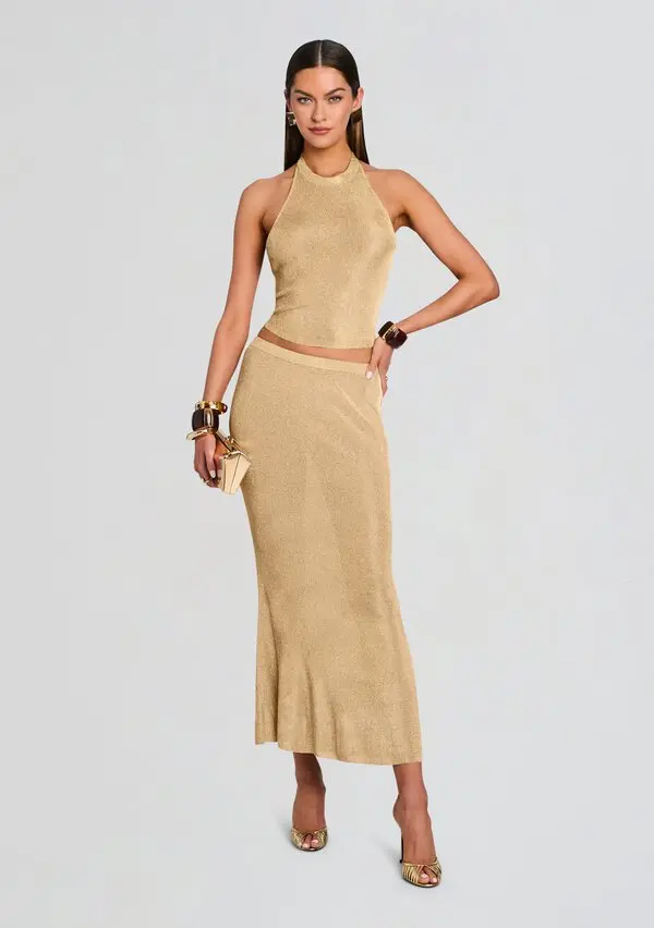 SEROYA Metallic Knit Halter Top - Gold