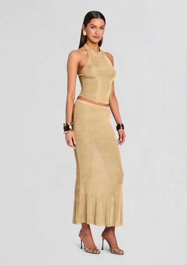 SEROYA Metallic Knit Halter Top - Gold