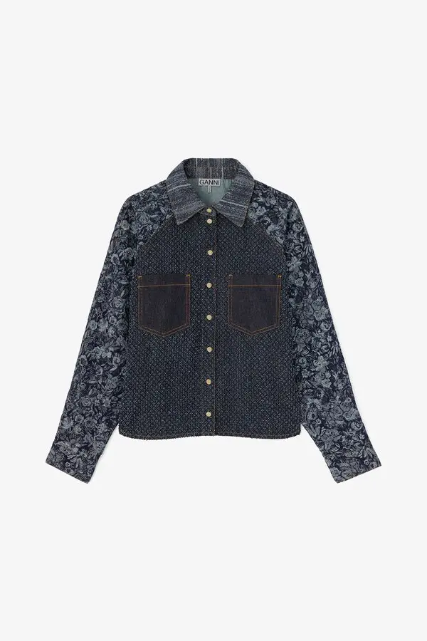 GANNI Printed Patchwork Shirt - Navy