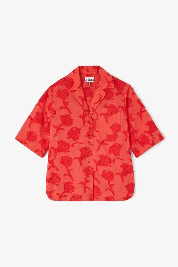 GANNI Printed Silk Shirt With Tie Detail - Red