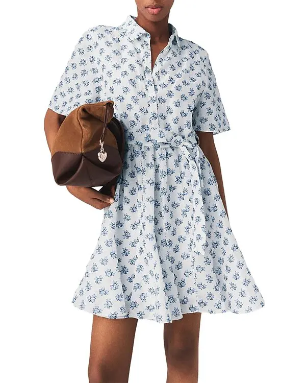Maje Short Sleeve Printed Linen-blend Shirt Dress - Blue Small