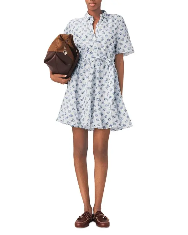 Maje Short Sleeve Printed Linen-blend Shirt Dress - Blue Small