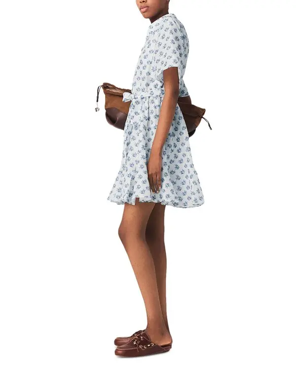 Maje Short Sleeve Printed Linen-blend Shirt Dress - Blue Small