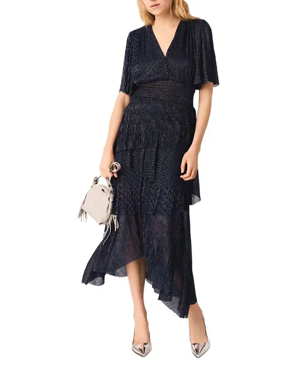 Maje Ruffiba Metallic Ruffled Midi Dress