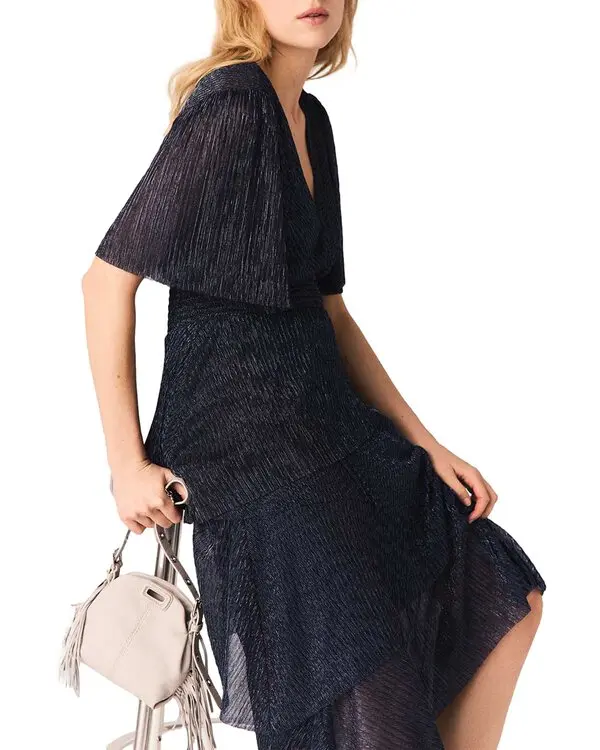 Maje Ruffiba Metallic Ruffled Midi Dress