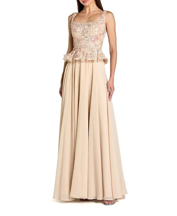 Mac Duggal Embroidered Peplum Top Chiffon Skirt Gown - Champagne