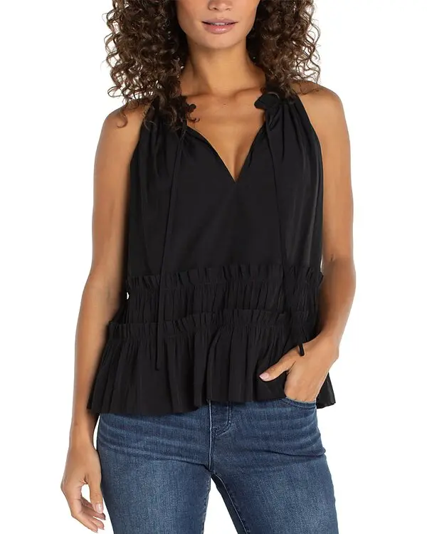 LIVERPOOL Sleeveless Ruffle Top - Black Print
