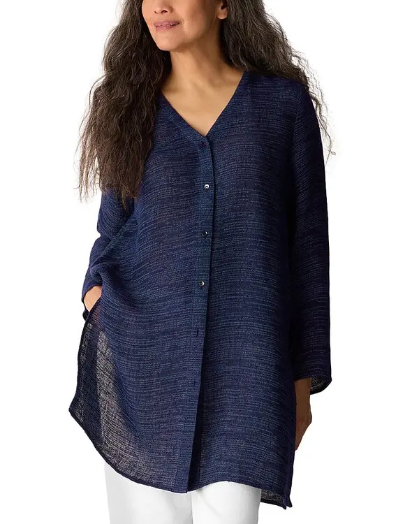 Eileen Fisher Linen Gauze V Neck Long Top