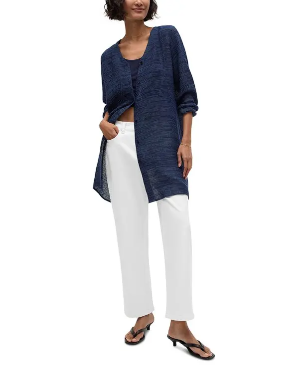 Eileen Fisher Linen Gauze V Neck Long Top
