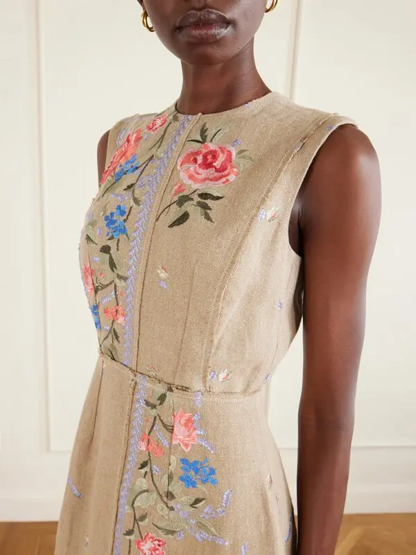 Erdem Embroidered Linen-canvas Midi Dress