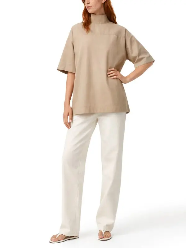 Ami Cotton Top With Raised Collar - Beige