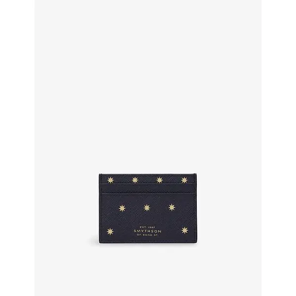 Smythson Leopard Panama Flat Leather Card Holder - Navy