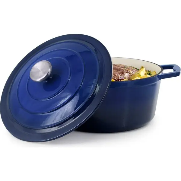 MEGACHEF 5 Quarts Round Enameled Cast Iron Casserole With Lid - Dark Blue