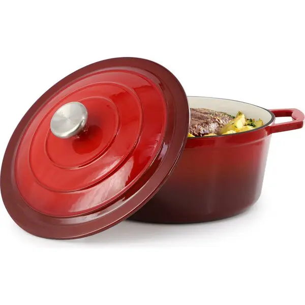 MEGACHEF 5 Quarts Round Enameled Cast Iron Casserole With Lid - Red