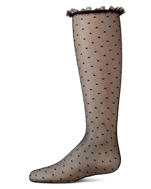 MEMOI Lace Trimmed Dot Mesh Knee High Socks - Black