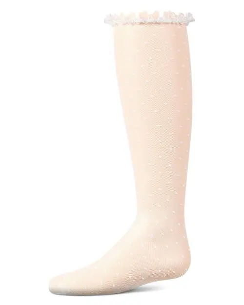 MEMOI Lace Trimmed Dot Mesh Knee High Socks - White