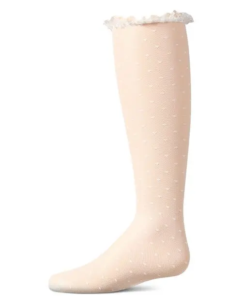 MEMOI Lace Trimmed Dot Mesh Knee High Socks - Winter White
