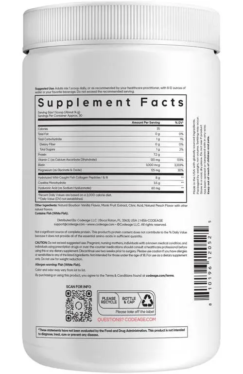 CODEAGE Creatine Collagen Peptides, Biotin, Magnesium, Hyaluronic Acid, Vit C - White