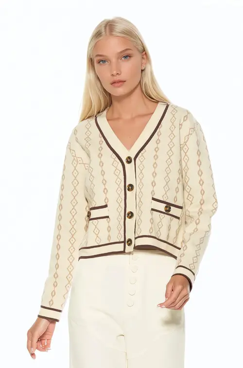 ALEXIA ADMOR Briar Collegiate Contrast Trim Cardigan - Ivory