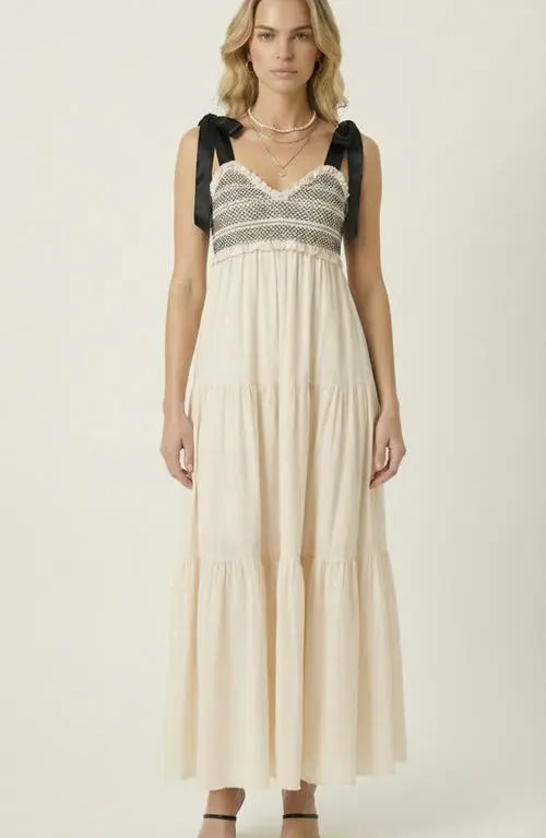 MODENAIRE Smocked Lace-trim Maxi Dress - Ivory