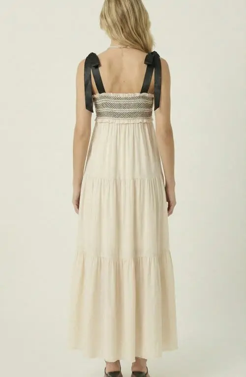 MODENAIRE Smocked Lace-trim Maxi Dress
