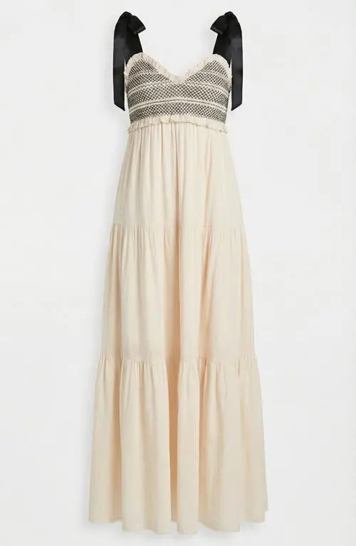 MODENAIRE Smocked Lace-trim Maxi Dress