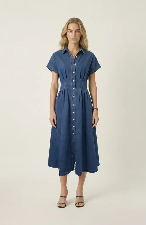 MODENAIRE Denim Pleated Waist Shirt Dress - Medium Indigo Blue