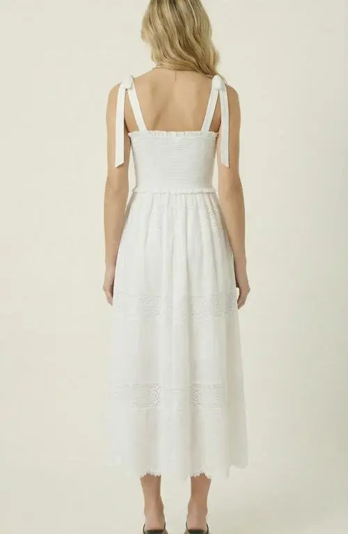 MODENAIRE Smocked Lace Eyelet Maxi Dress - White