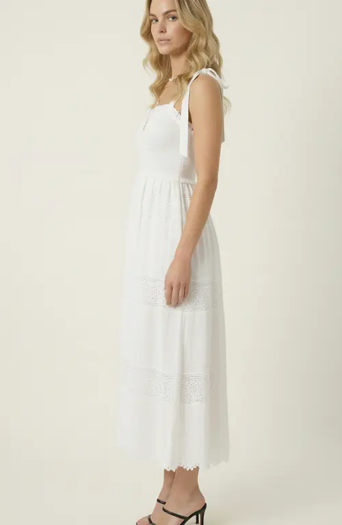 MODENAIRE Smocked Lace Eyelet Maxi Dress - White