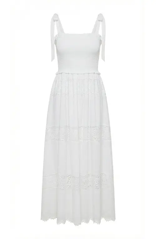 MODENAIRE Smocked Lace Eyelet Maxi Dress - White