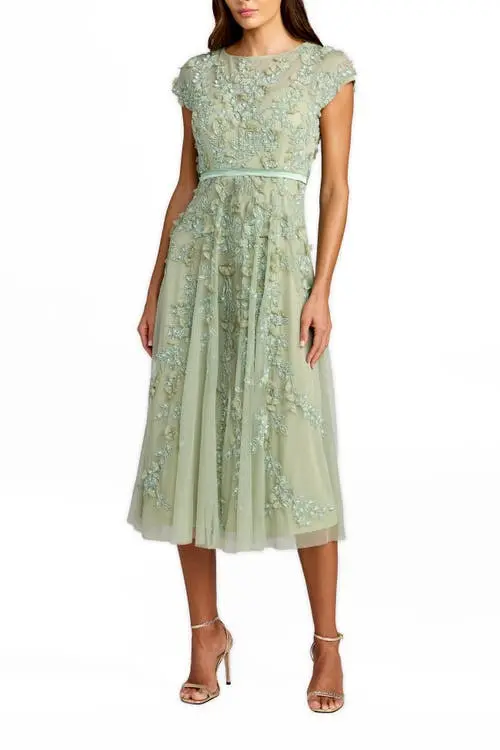 Mac Duggal Floral Embellished Cap Sleeve Midi Dress - Sage
