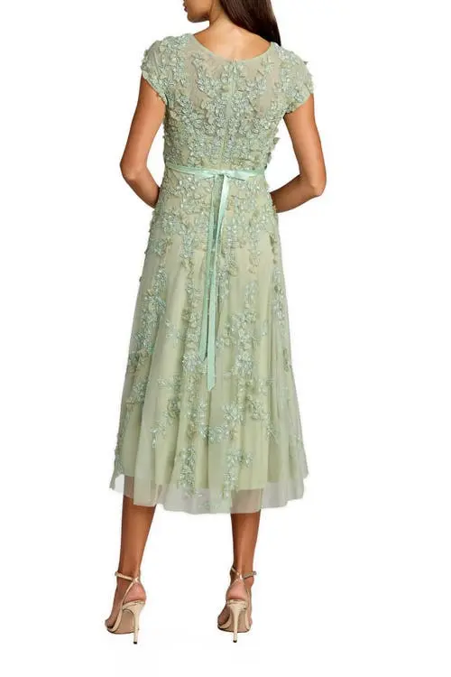 Mac Duggal Floral Embellished Cap Sleeve Midi Dress