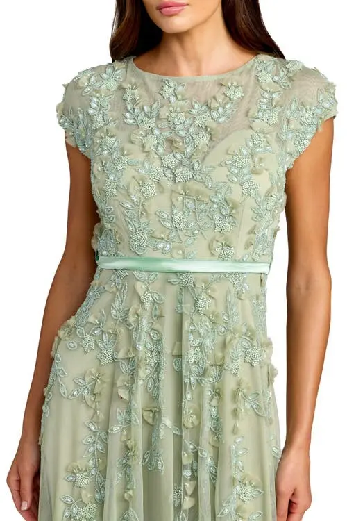 Mac Duggal Floral Embellished Cap Sleeve Midi Dress