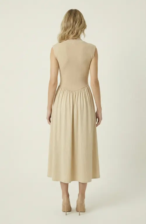 MODENAIRE Cap Sleeve Knit Midi Dress With Flowy Skirt - Beige