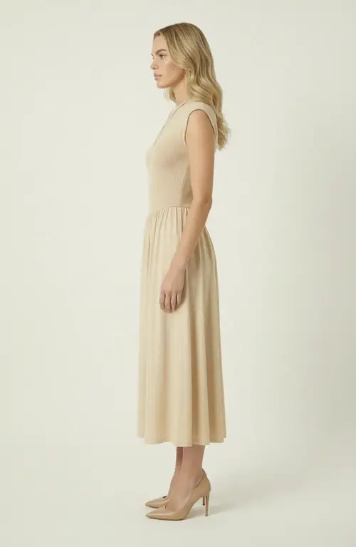 MODENAIRE Cap Sleeve Knit Midi Dress With Flowy Skirt - Beige