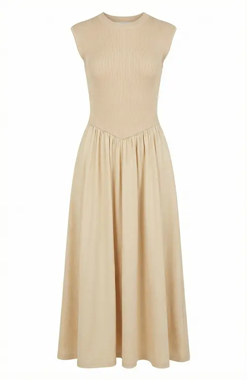 MODENAIRE Cap Sleeve Knit Midi Dress With Flowy Skirt - Beige