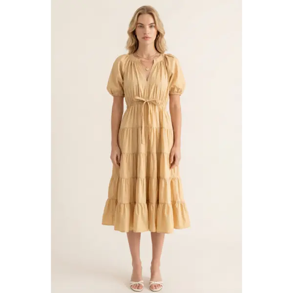 MODENAIRE Tiered Puff Sleeve Midi Dress - Sand