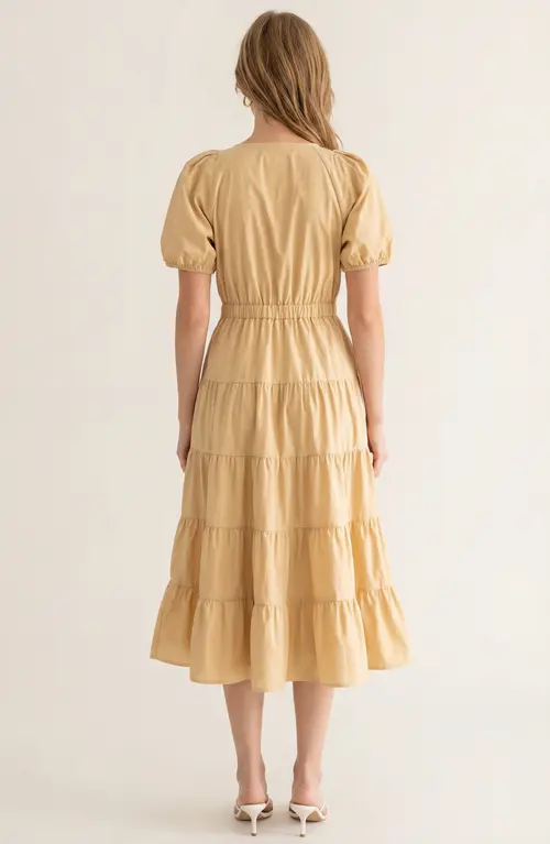 MODENAIRE Tiered Puff Sleeve Midi Dress