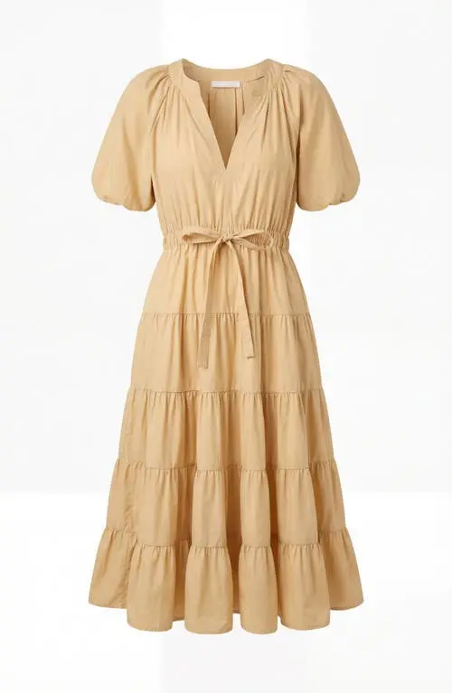 MODENAIRE Tiered Puff Sleeve Midi Dress