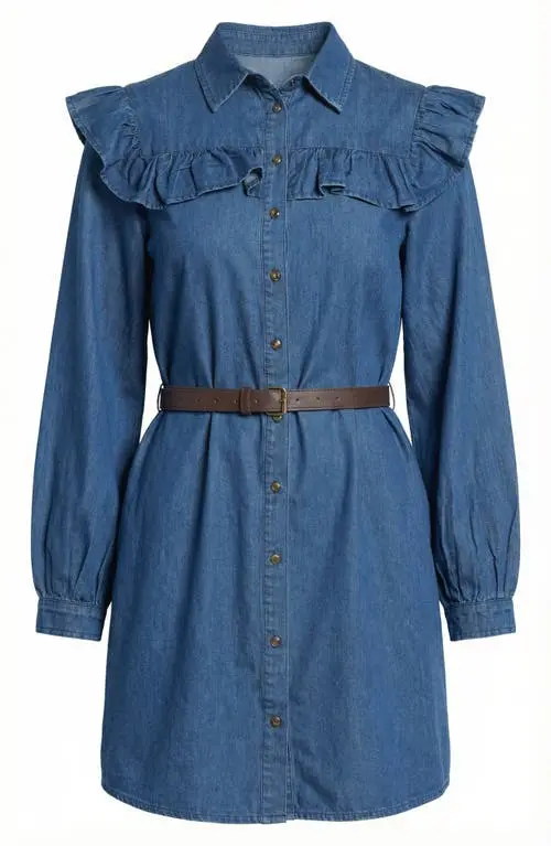 MODENAIRE Denim Ruffled Collar Shirt Dress