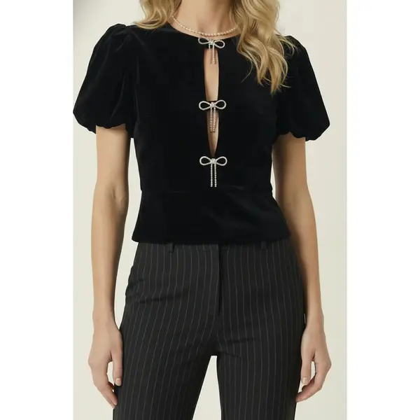 MODENAIRE Velvet Puff Sleeve Keyhole Top - Black