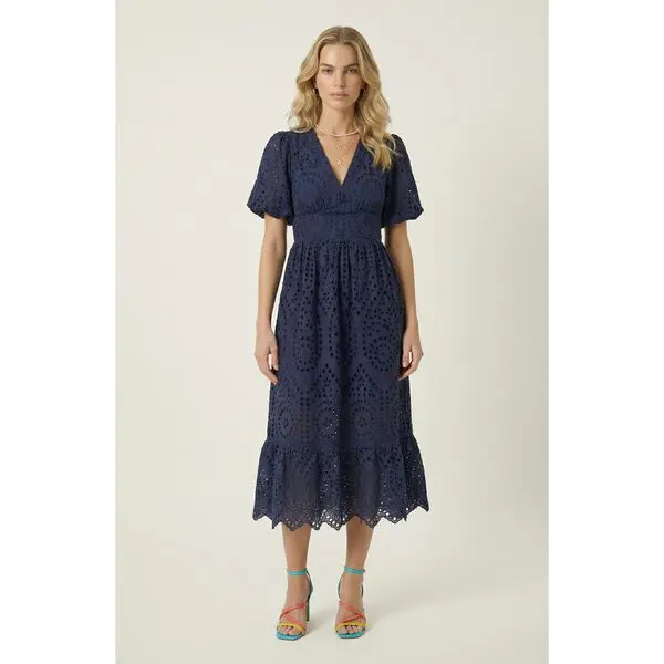 MODENAIRE Eyelet Smocked Midi Dress - Navy Blue