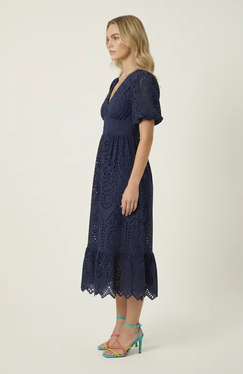 MODENAIRE Eyelet Smocked Midi Dress