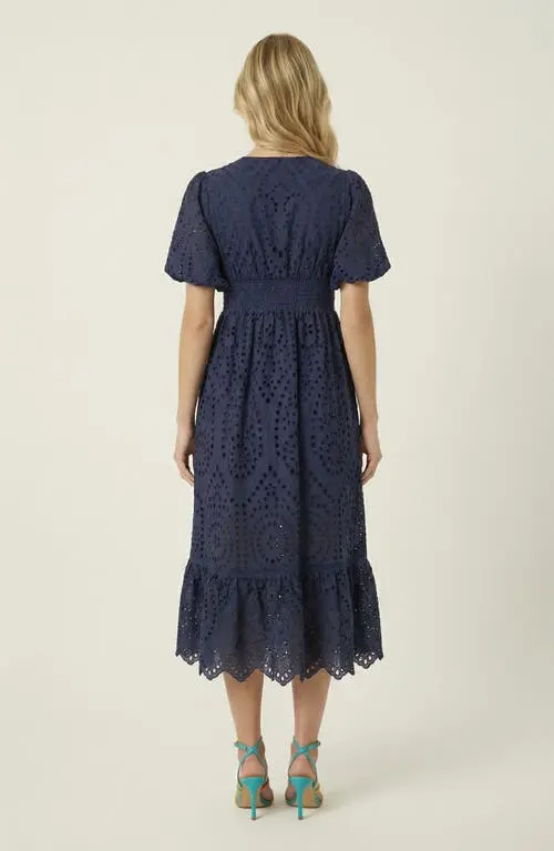 MODENAIRE Eyelet Smocked Midi Dress