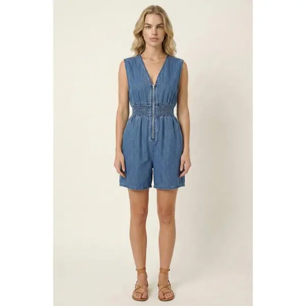 MODENAIRE Denim Cap-sleeve Smocked Romper - Medium Wash Blue