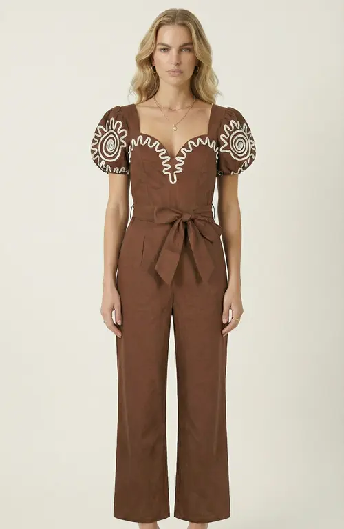 MODENAIRE Embroidered Puff Sleeve Jumpsuit - Chocolate Brown