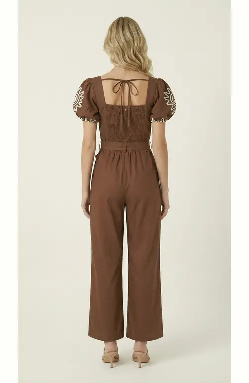 MODENAIRE Embroidered Puff Sleeve Jumpsuit
