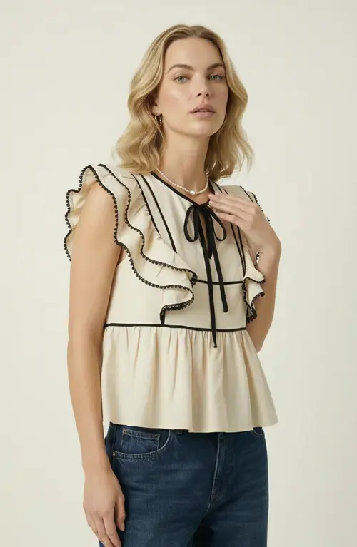 MODENAIRE Ruffle Sleeve Peplum Top