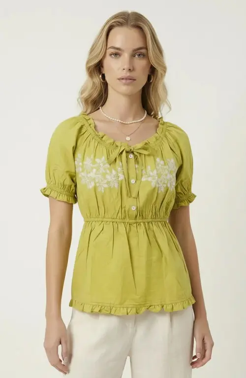 MODENAIRE Embroidered Ruffle Trim Peplum Blouse - Green